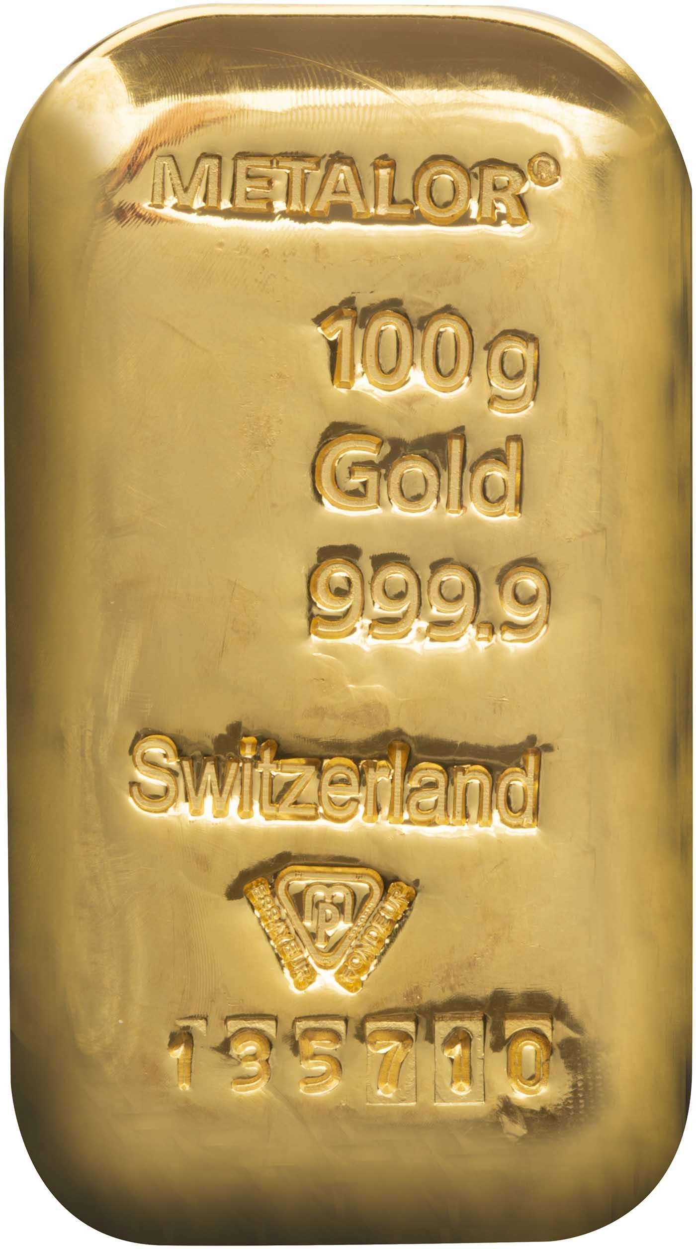 Metalor 100g Cast Gold Bullion Bar | Chards - From £7,302.80