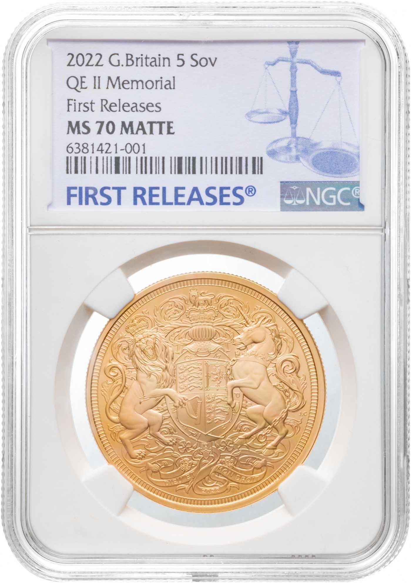 2022 QEII Memorial £5 Sovereign BU Matt NGC MS-70 | Chards
